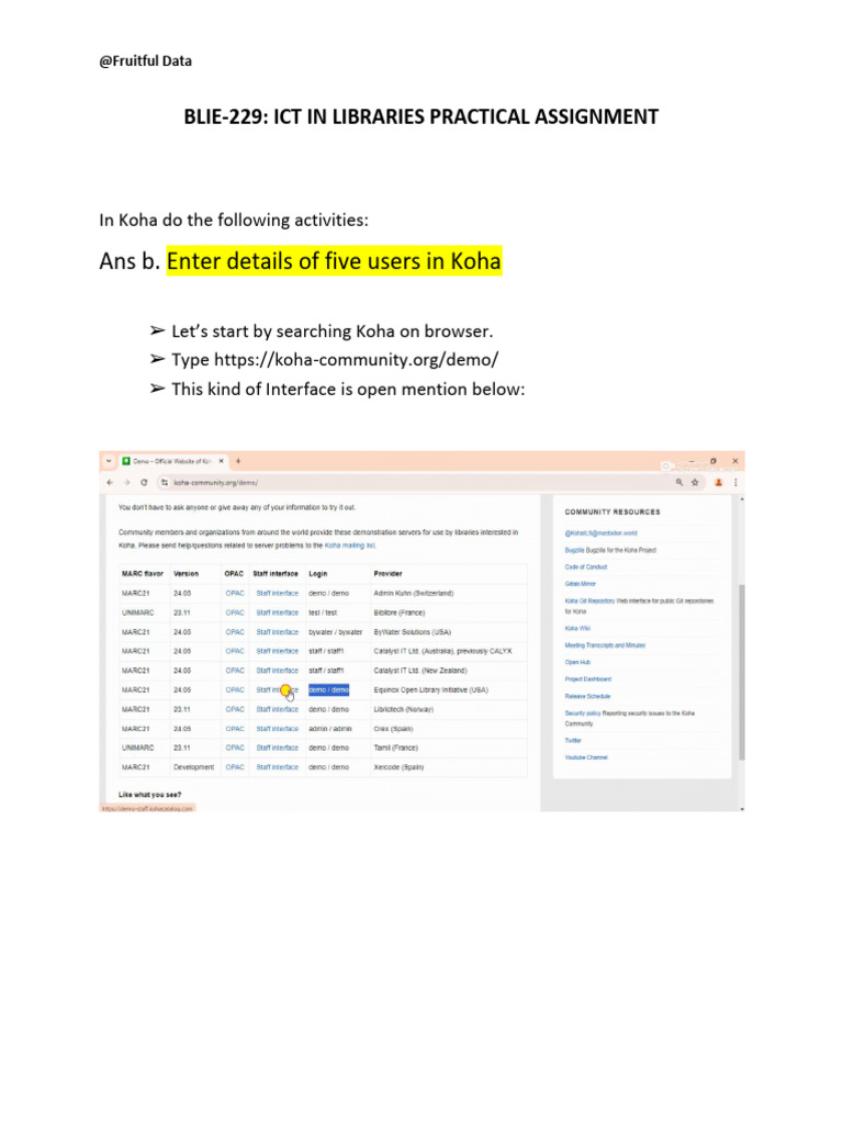 Enter Details of Five Users in Koha Solved Assignment | PDF