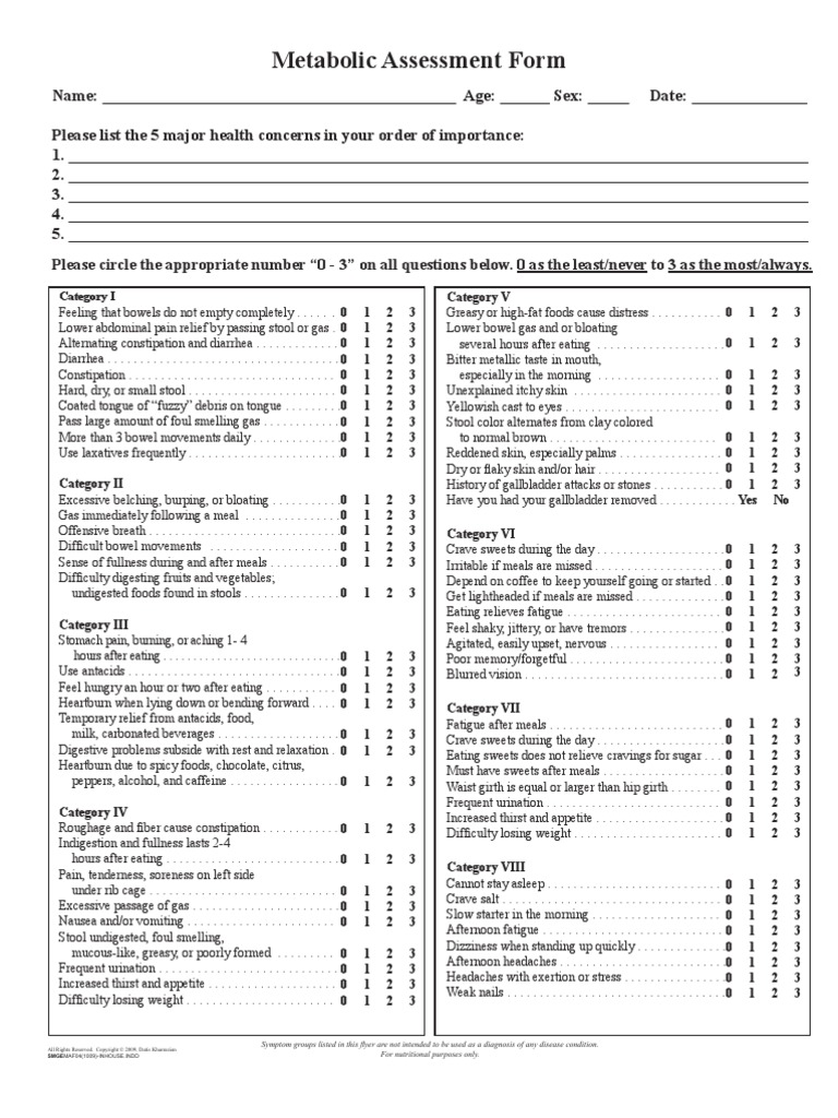 Metabolic Assessment Form | PDF | Medical Specialties | Clinical Medicine