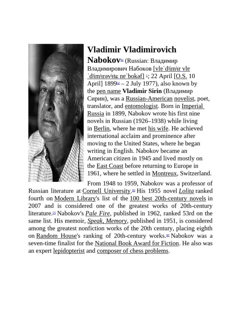 Vladimir Nabokov: Life and Works | PDF
