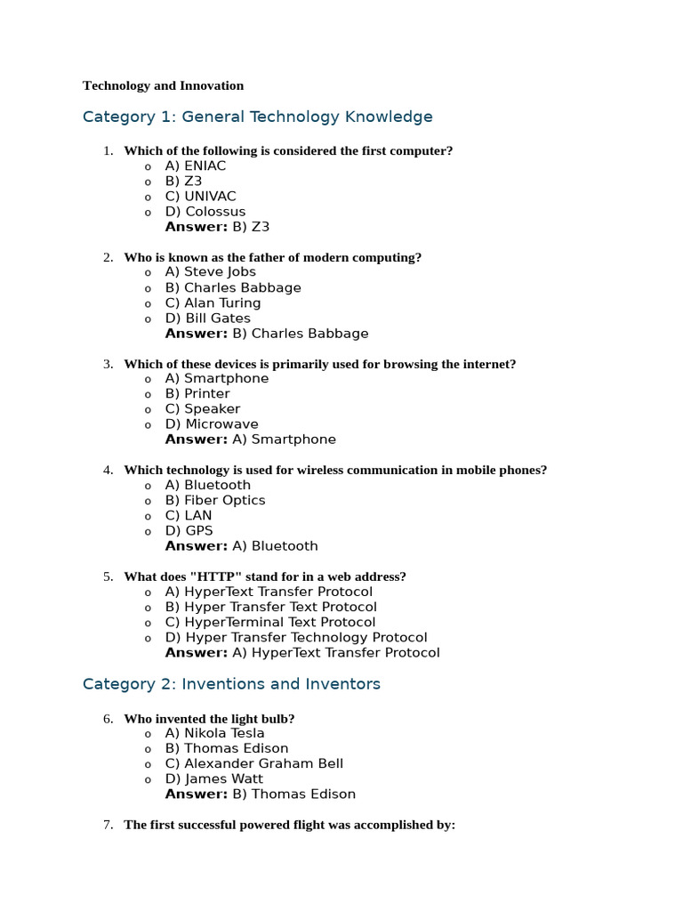 Technology and Innovation Quiz Guide | PDF | Wind Power | Software
