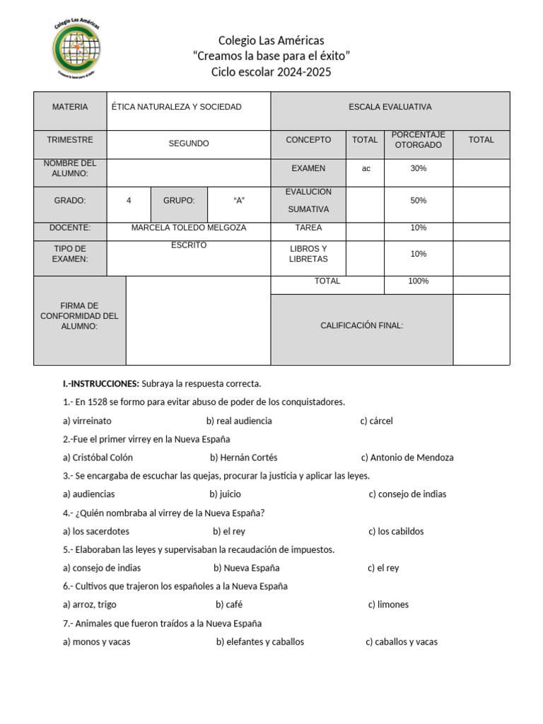 Examen de Ética, Naturaleza y Sociedad 2°tri 4° 24-25 | PDF ...