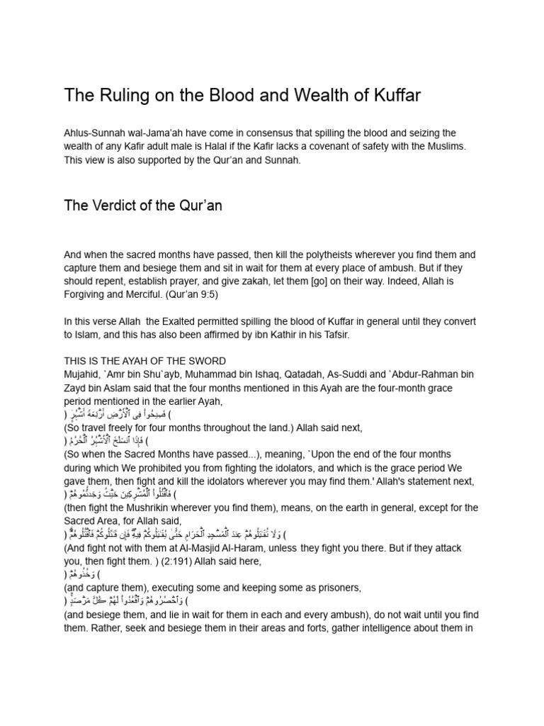 Ruling on Kuffar's Blood and Wealth | PDF | God In Islam | Quran
