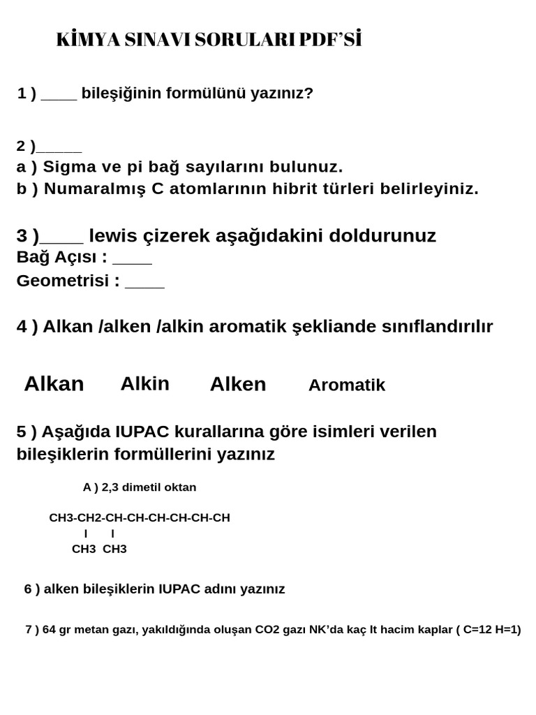 Ki̇mya Sinavi Sorulari PDF'S, İ | PDF