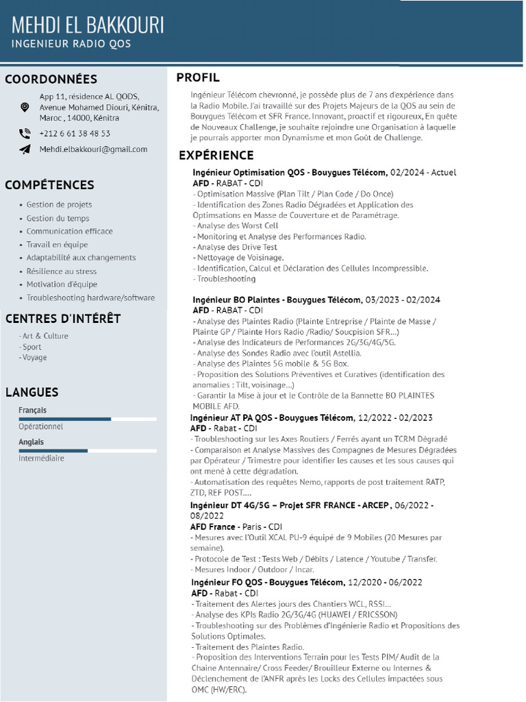 CV EL BAKKOURI MEHDI_INGENIEUR RADIO QOS | PDF