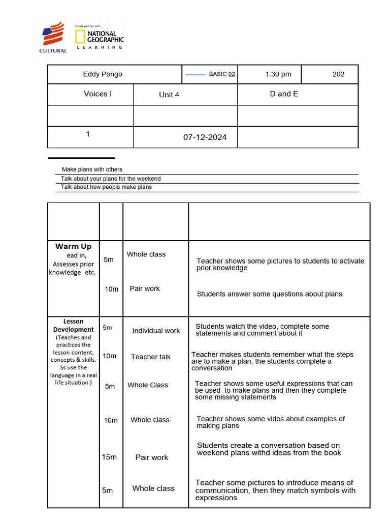 Lesson Plan para El 07-10-12 | PDF | Teachers | Lesson Plan