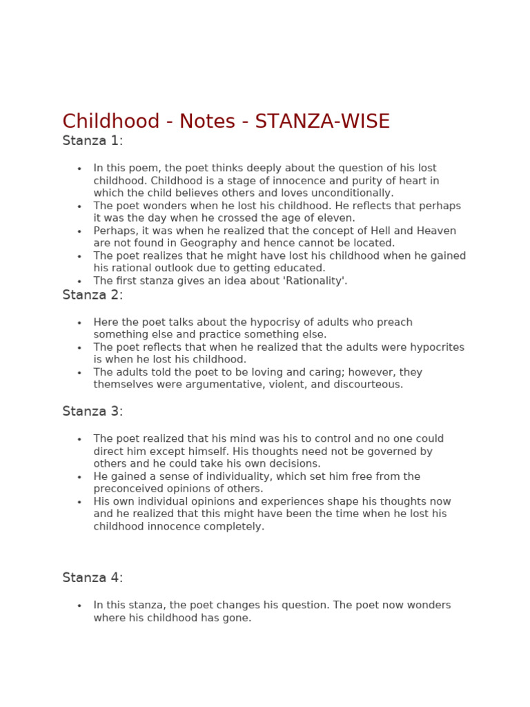 Childhood - Notes - STANZA-WISE | PDF