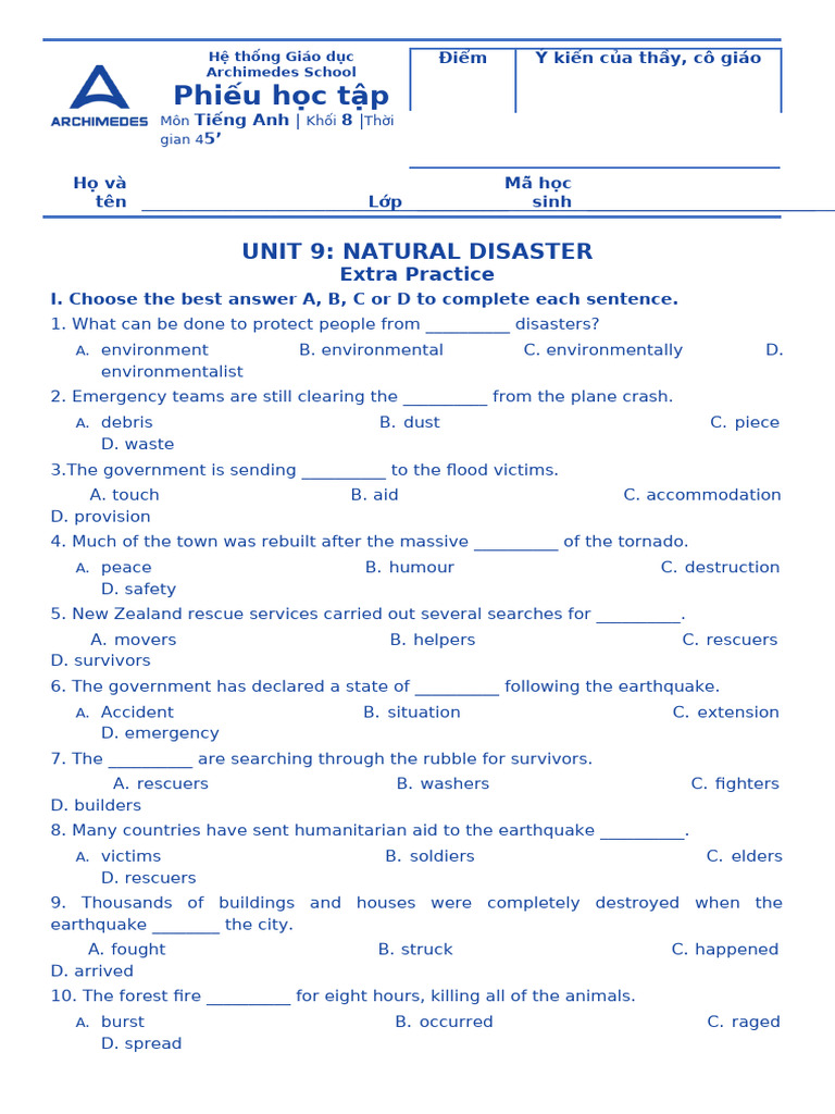 AS - Anh8.MOET - Unit 9.extra Practice .WS | PDF | Natural Hazards | Storms