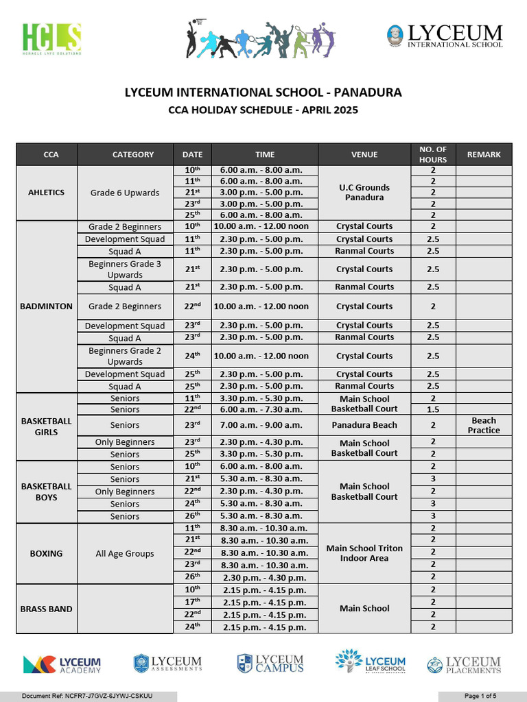 LPA CCA April 2025 Holiday Schedule | PDF | Sports
