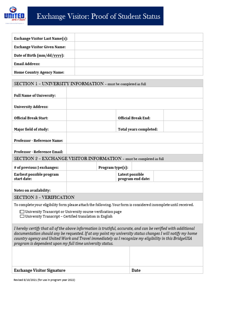 Exchange Visitor - Proof of Student Status (2022) | PDF