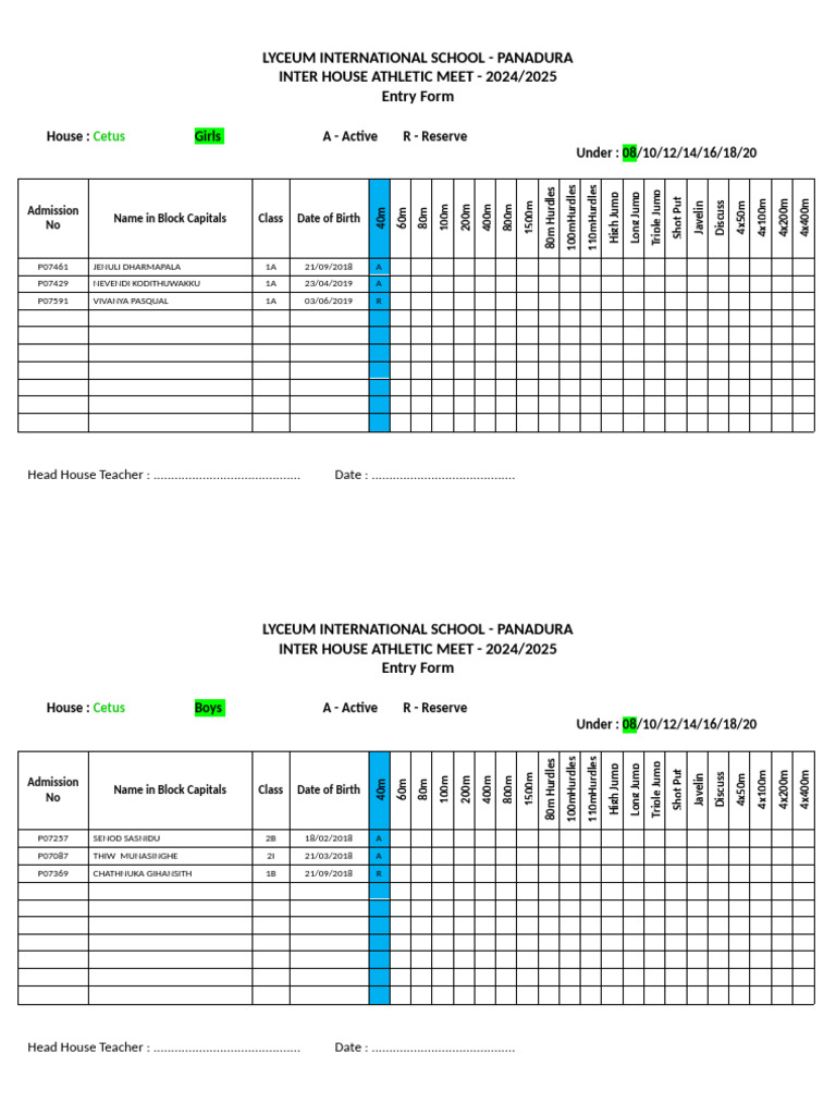Inter House - Entry Form - CETUS | PDF | Sport Of Athletics | Summer Olympic Games