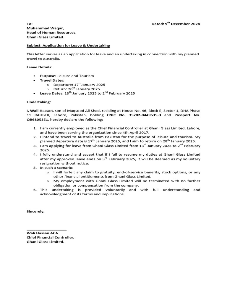 Leave Application and Undertaking | PDF