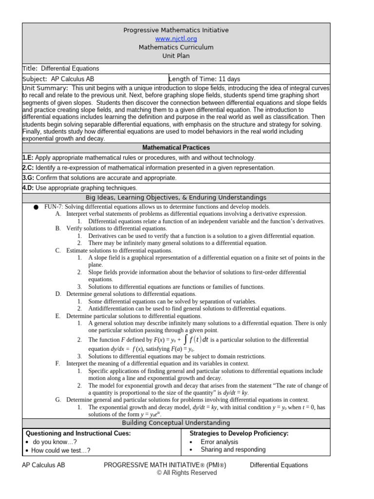 Ap Calc Ab - Ap Calculus Ab Differential Equations Unit Plan - 2022 10 ...