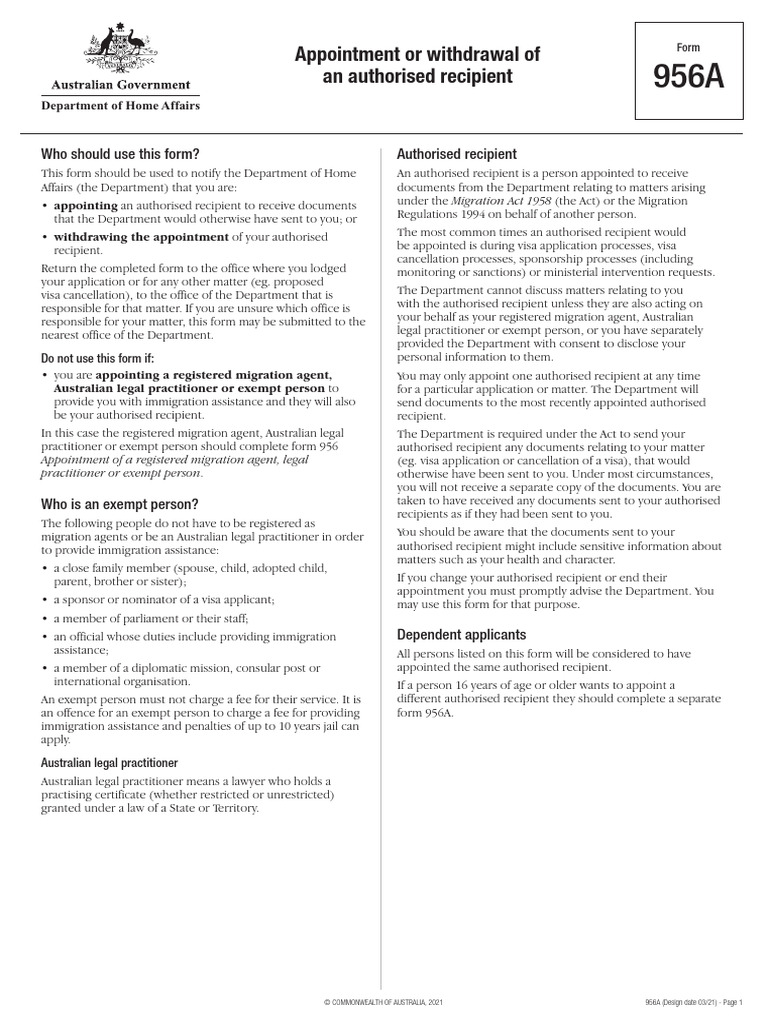 Authorised Recipient Appointment Form 956A | PDF | Travel Visa