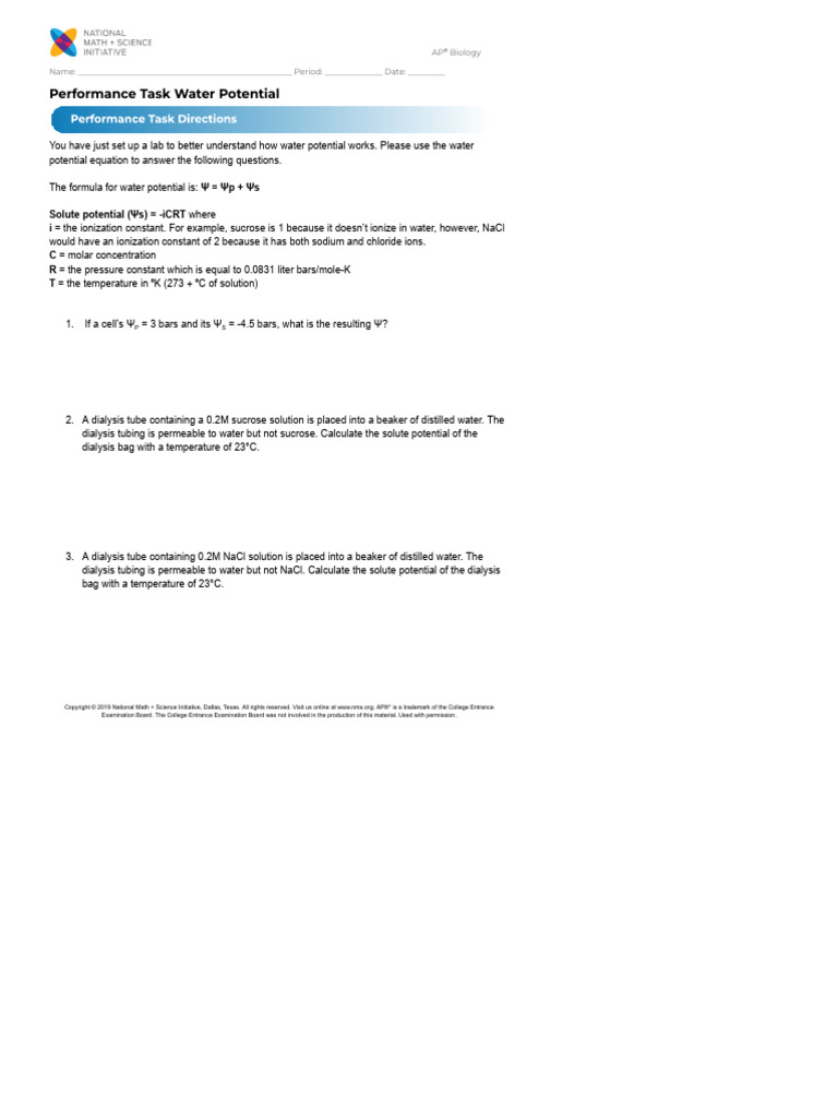 Performance Task - 3 Water Potential Student | PDF
