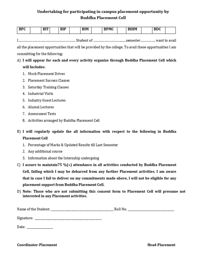 Undertaking For Placement Oppurtunities BGI | PDF