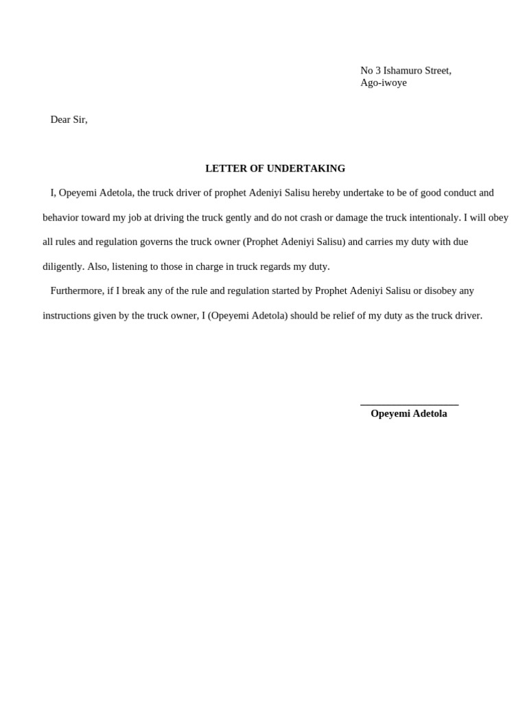 Driver Conduct Undertaking Letter | PDF
