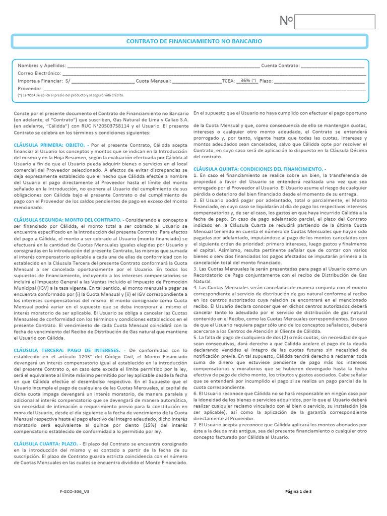 Contrato de Financiamiento Cálidda | PDF | Pagos | Póliza de seguros