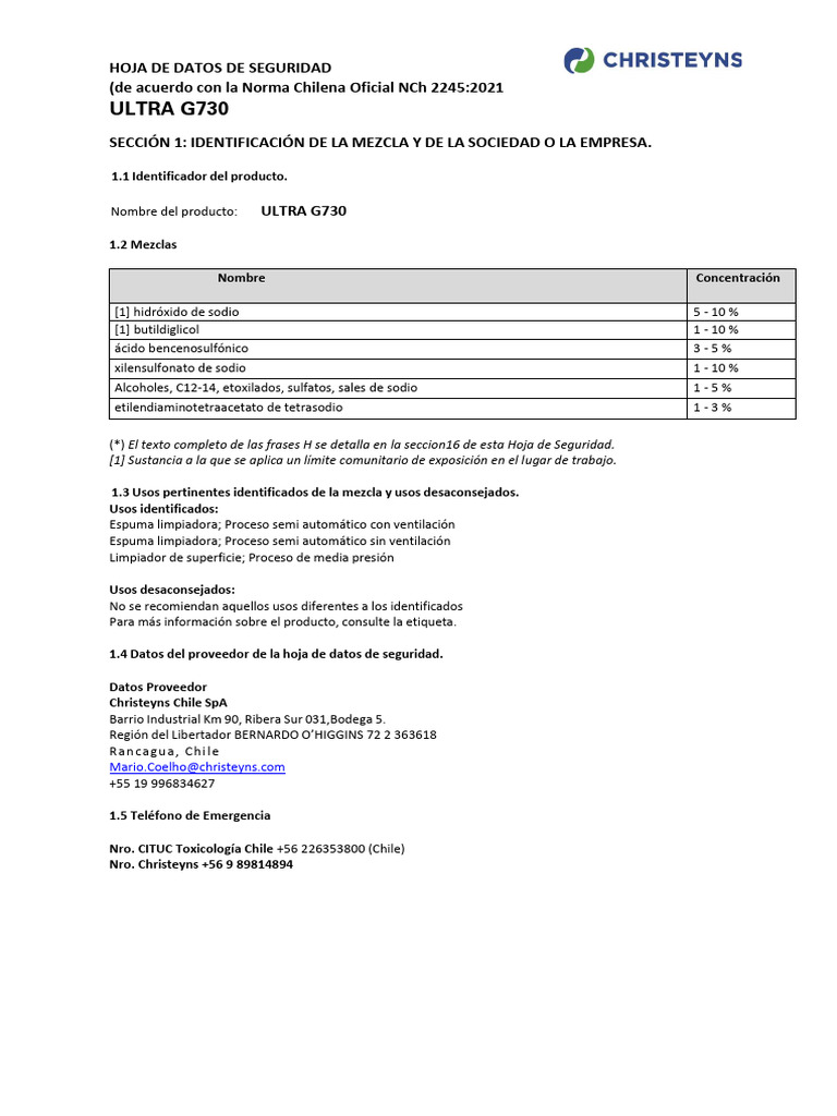 HDS-ULTRA G 730-CHRISTEYNS_CHILE NCH 2245-2021 UN1760 | PDF | Corrosión