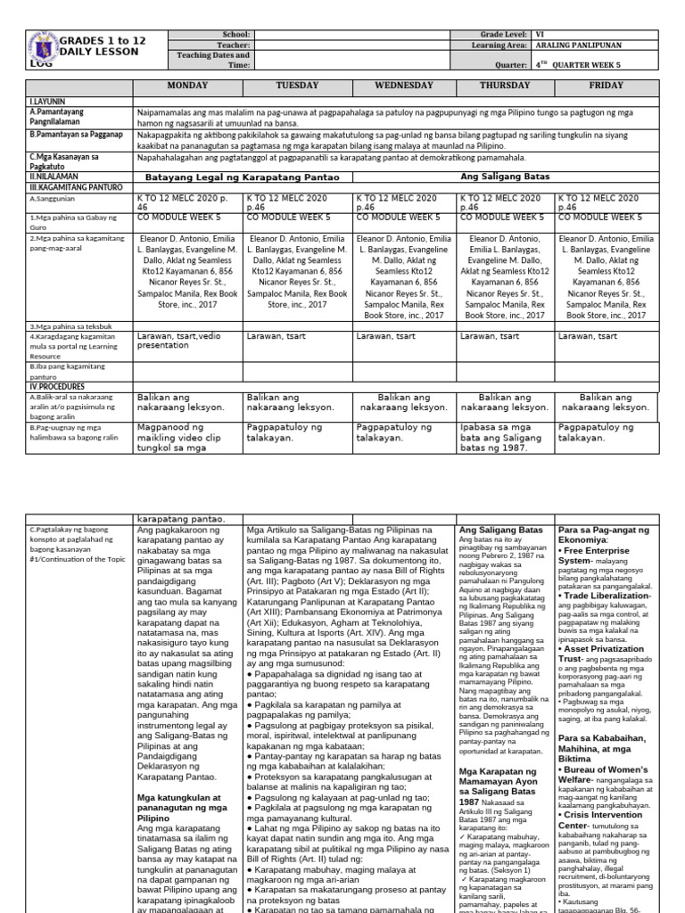 Ap 6 - DLL - Week 5 - Q4 | PDF