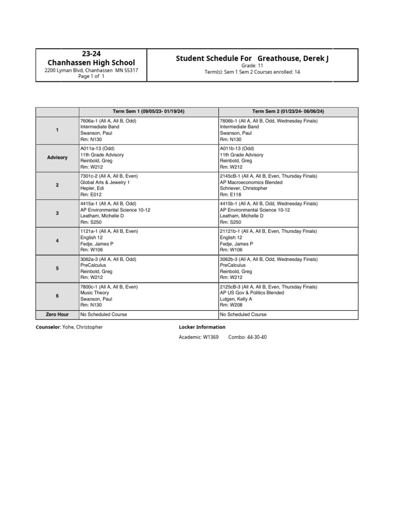 Chanhassen High School 11th Grade Schedule | PDF