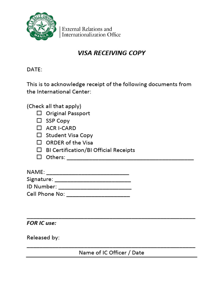 Visa Document Acknowledgment Receipt | PDF