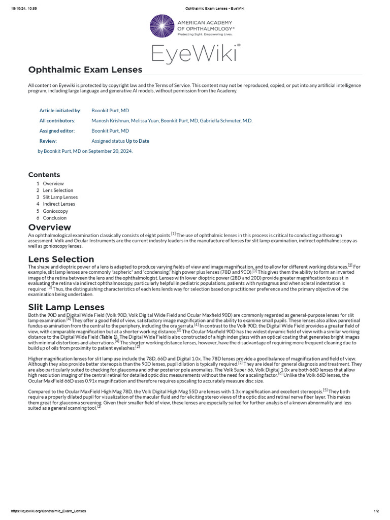 Ophthalmic Exam Lenses - EyeWiki | PDF | Ophthalmology | Field Of View