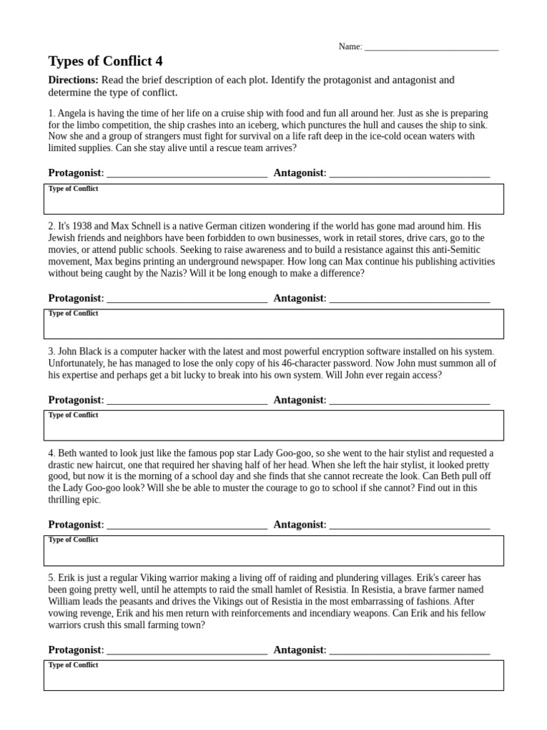 Types of Conflict in Literature Worksheet | PDF