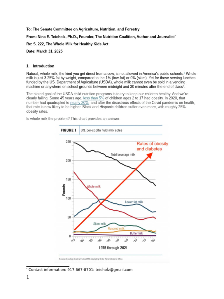 Written Testimony To Senate Ag On Whole Milk - Nina Teicholz | PDF ...