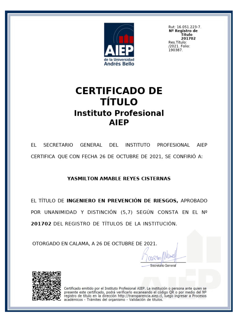 Certificado de Titulo Yasmilton Reyes - Ingeniero en Prevencion de ...