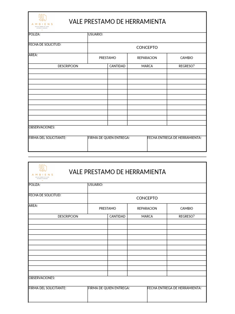 Vale Prestamo de Herramientas | PDF