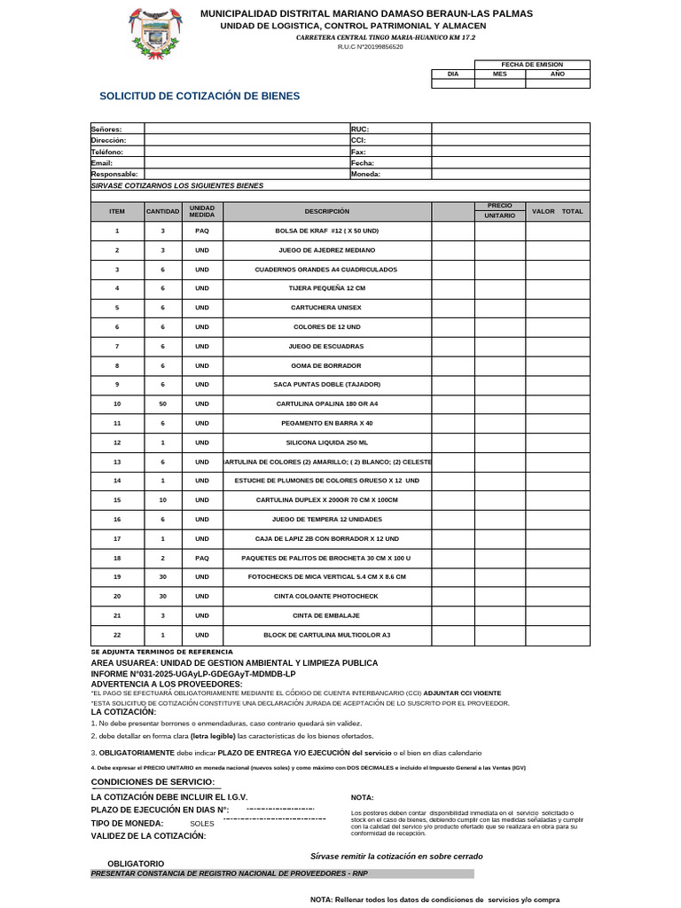INFORME N°031-2025-UGAyLP GDEGAyT-MDMDB-LP - REQUERIMIENTO DE MATERIALES DE OFICINA - PROGRAMA ...