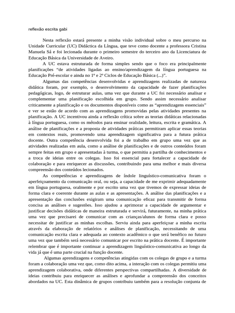 Reflexão Escrita Gabi (1) | PDF | Pedagogia | Aprendizado