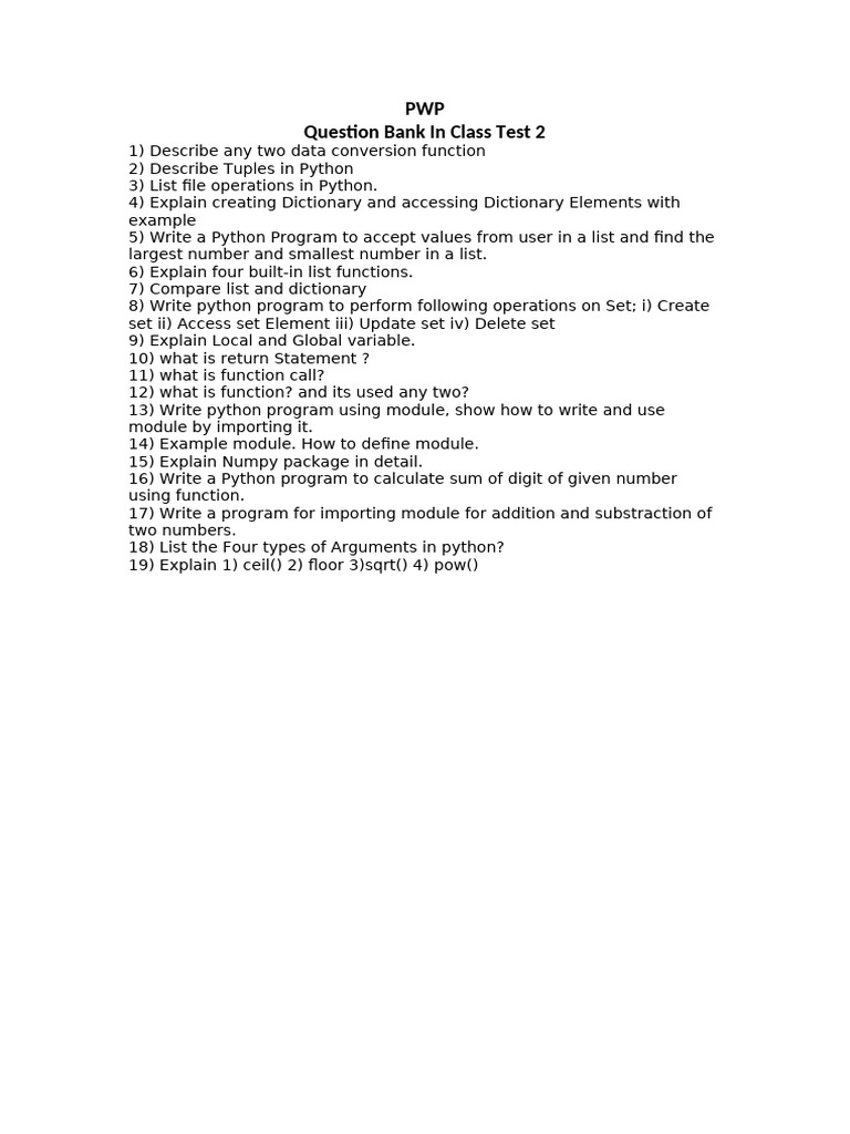 PWP Question Bank in Class Test 2 | PDF