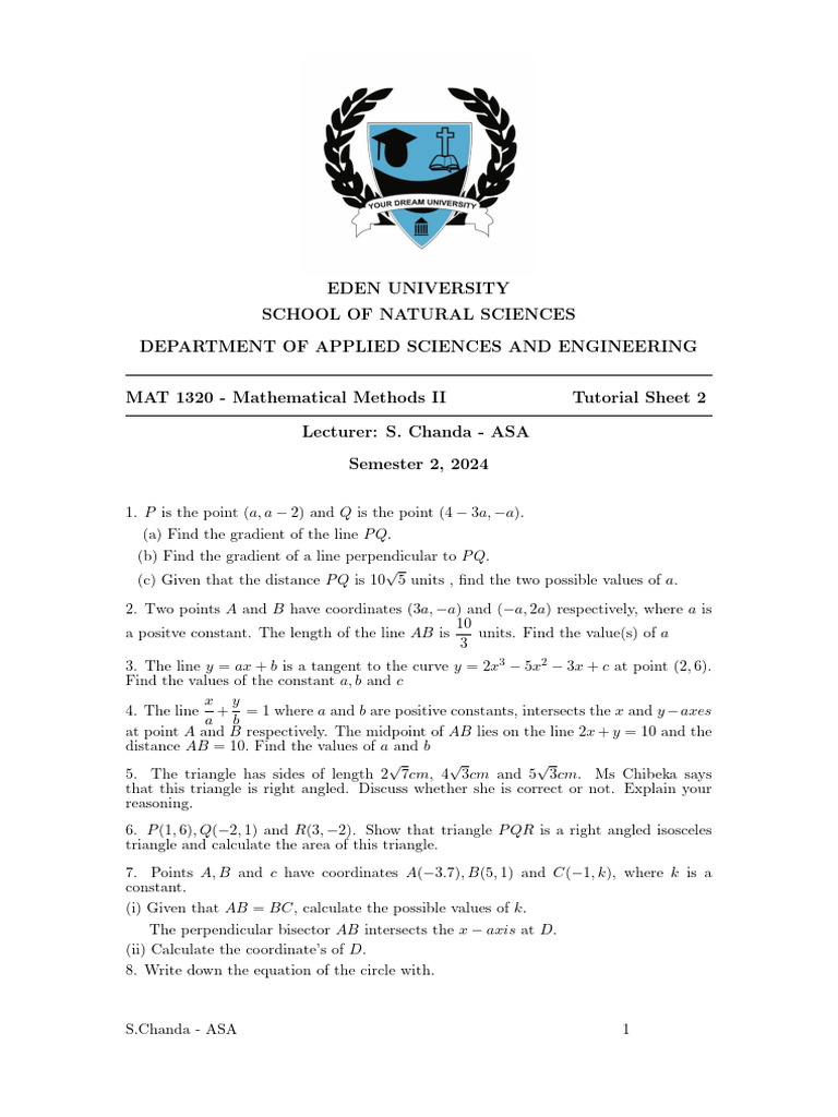 MAT 1320 Coordinate Geometry and Mathematical Induction Tutorial Sheet ...