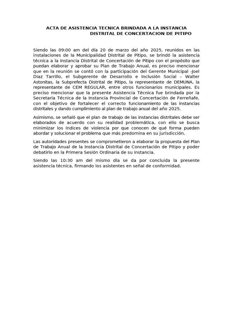 Acta de Asistencia Tecnica | PDF