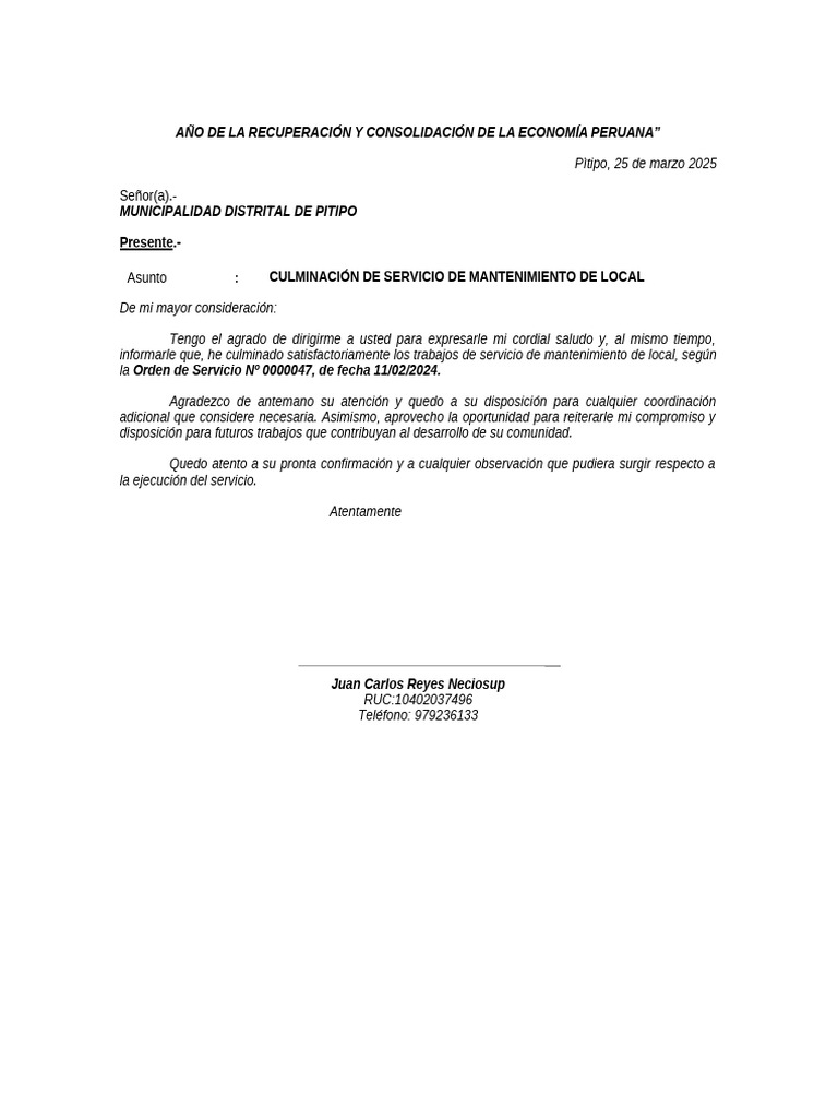 Carta de Culminacion de Servicio | PDF