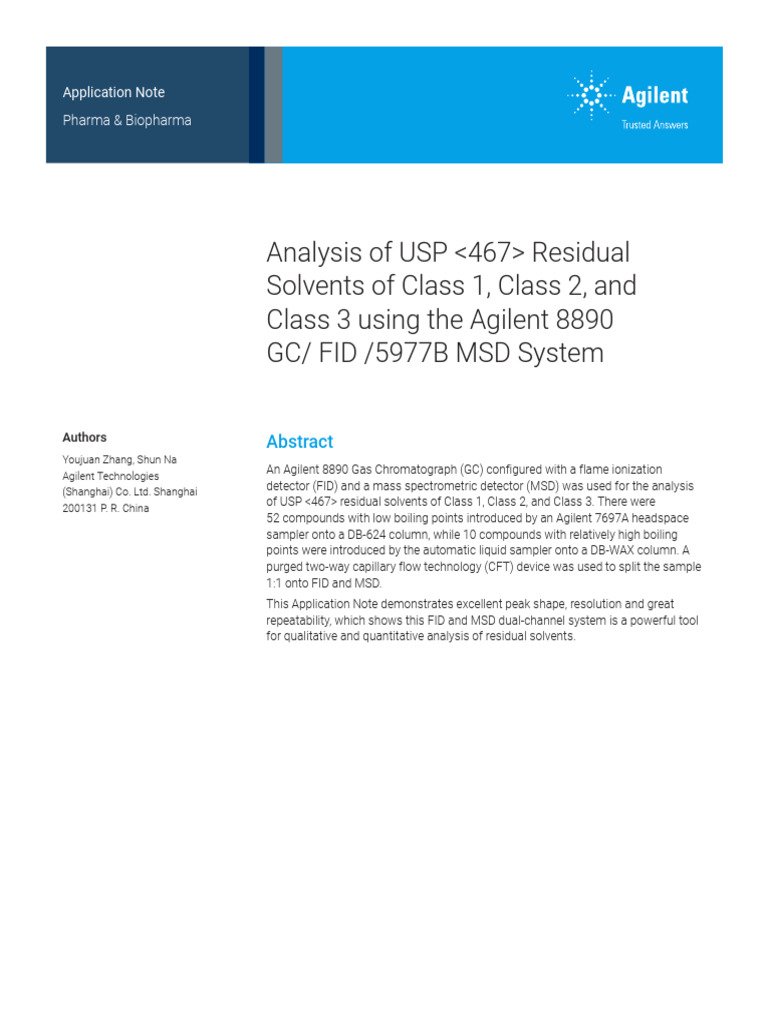 USP Residual Solvents Analysis | PDF | Gas Chromatography | Chromatography