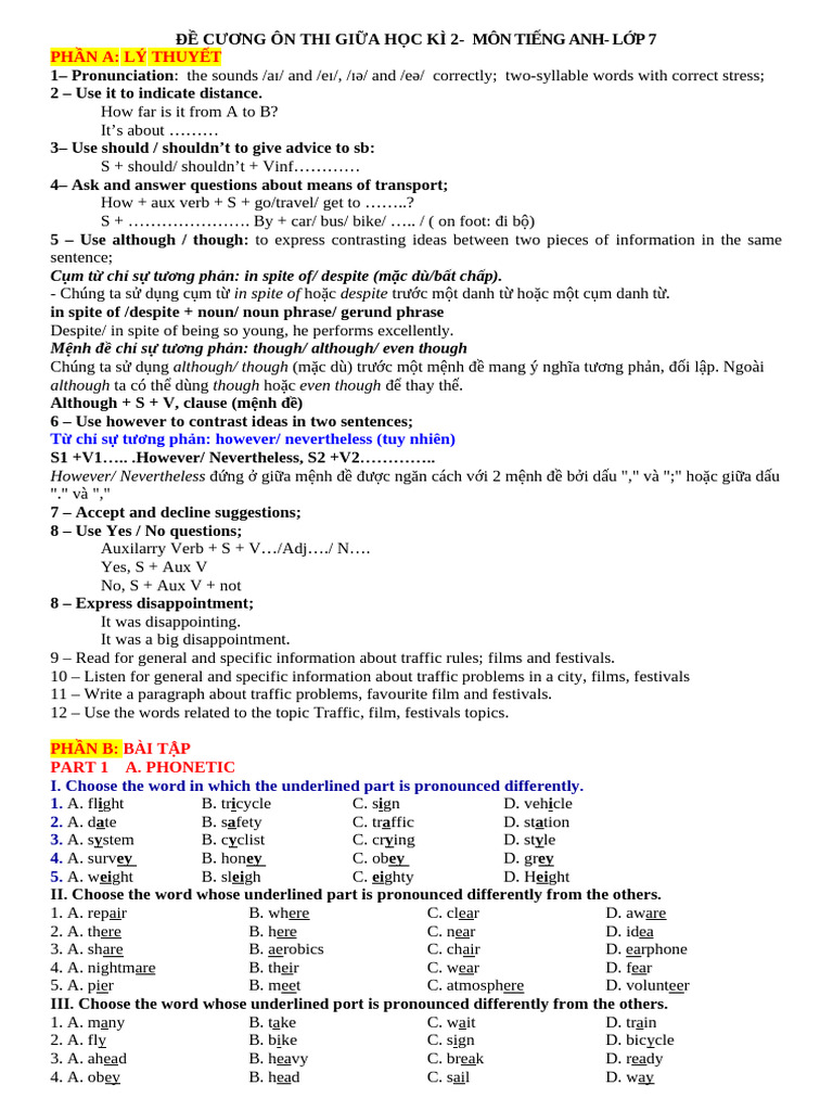 ĐỀ CƯƠNG ÔN THI GIỮA HỌC KÌ 2 TIẾNG ANH 7 | PDF | Movie Theater | Traffic