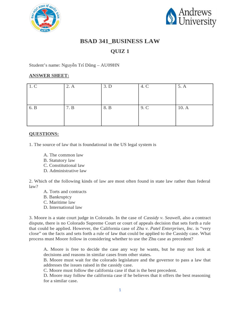 Business Law Quiz 1 Answers | PDF | Separation Of Powers | Law Of The ...