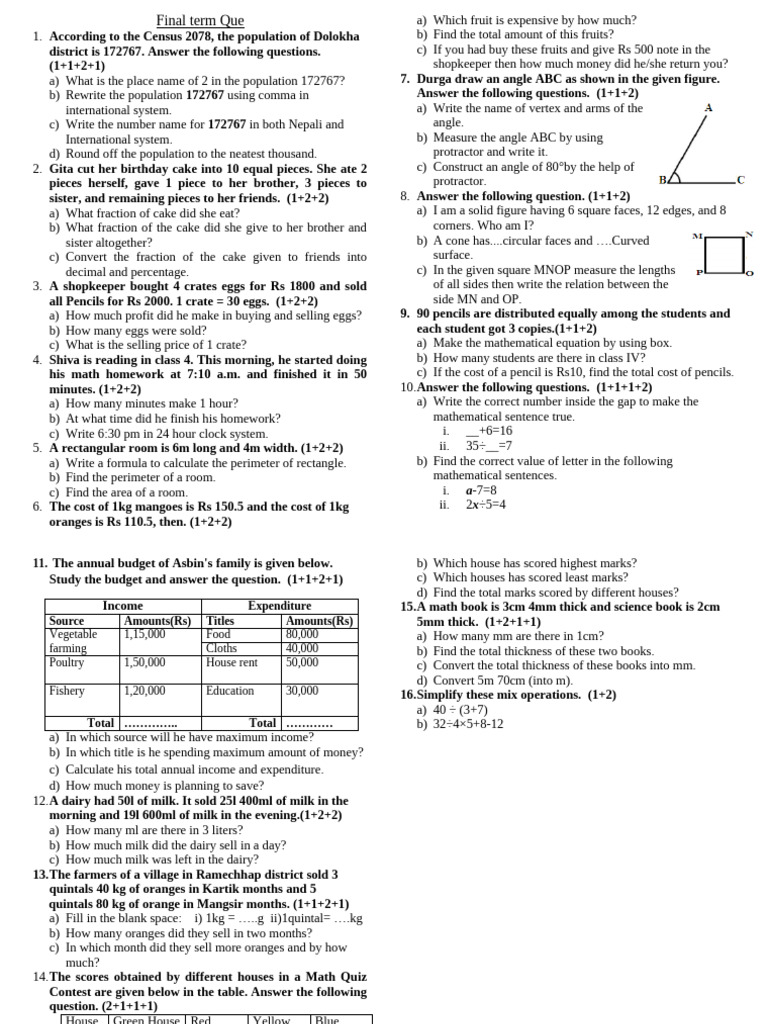 4 Maths Question For Final Term | PDF | Area | Angle