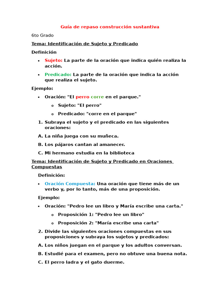 Ejercicios de Construcción Sustantiva 6to Grado | PDF | Objeto ...