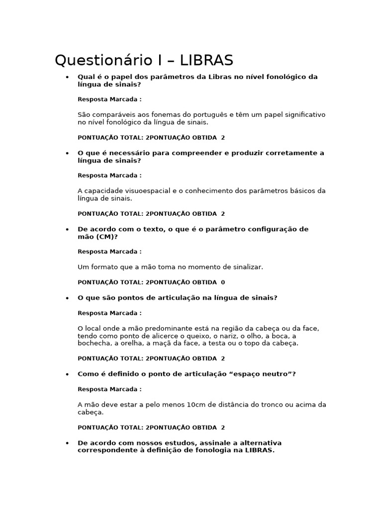 Questionário I - LIBRAS | PDF | Linguagem de sinais | Fonologia