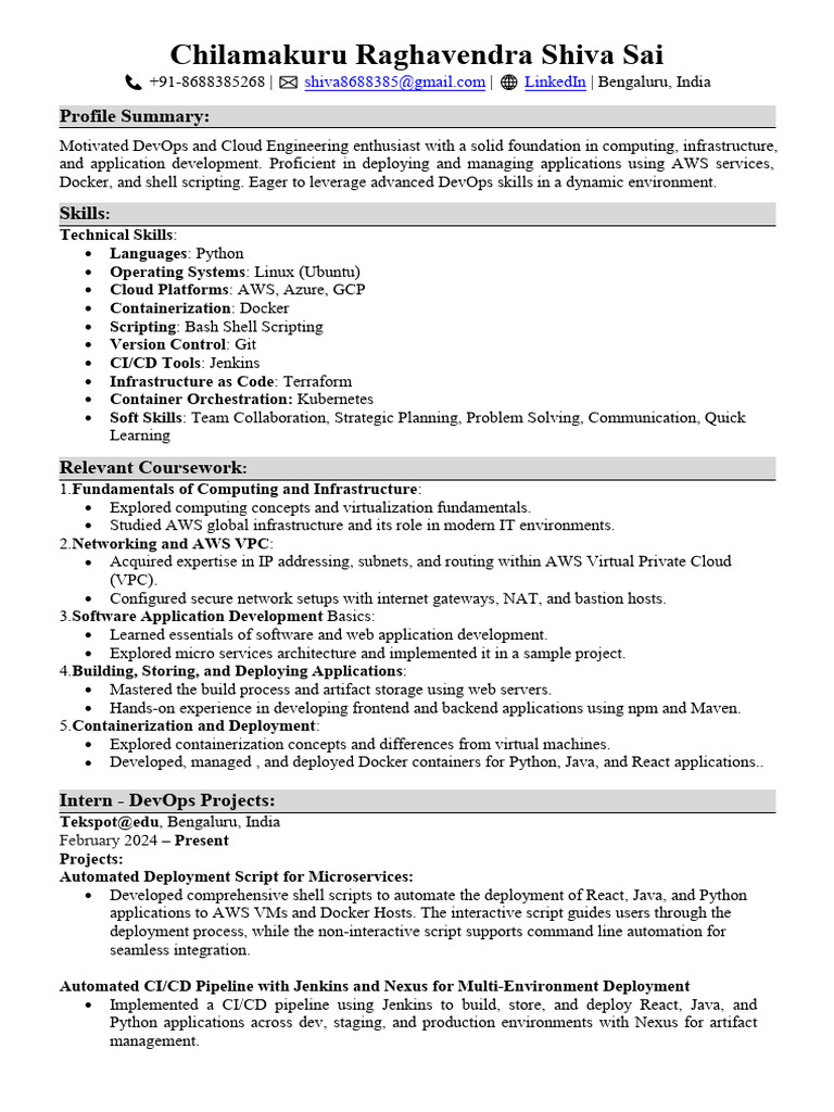 Resume Chilamakuru Raghavendra Shiva Sai PDF | PDF | Cloud Computing | Amazon Web Services
