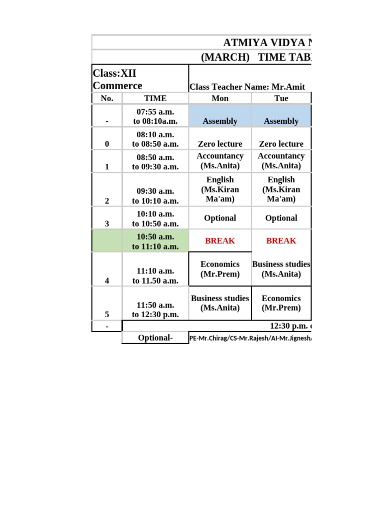 Time-Table Class XII March Month | PDF | Science