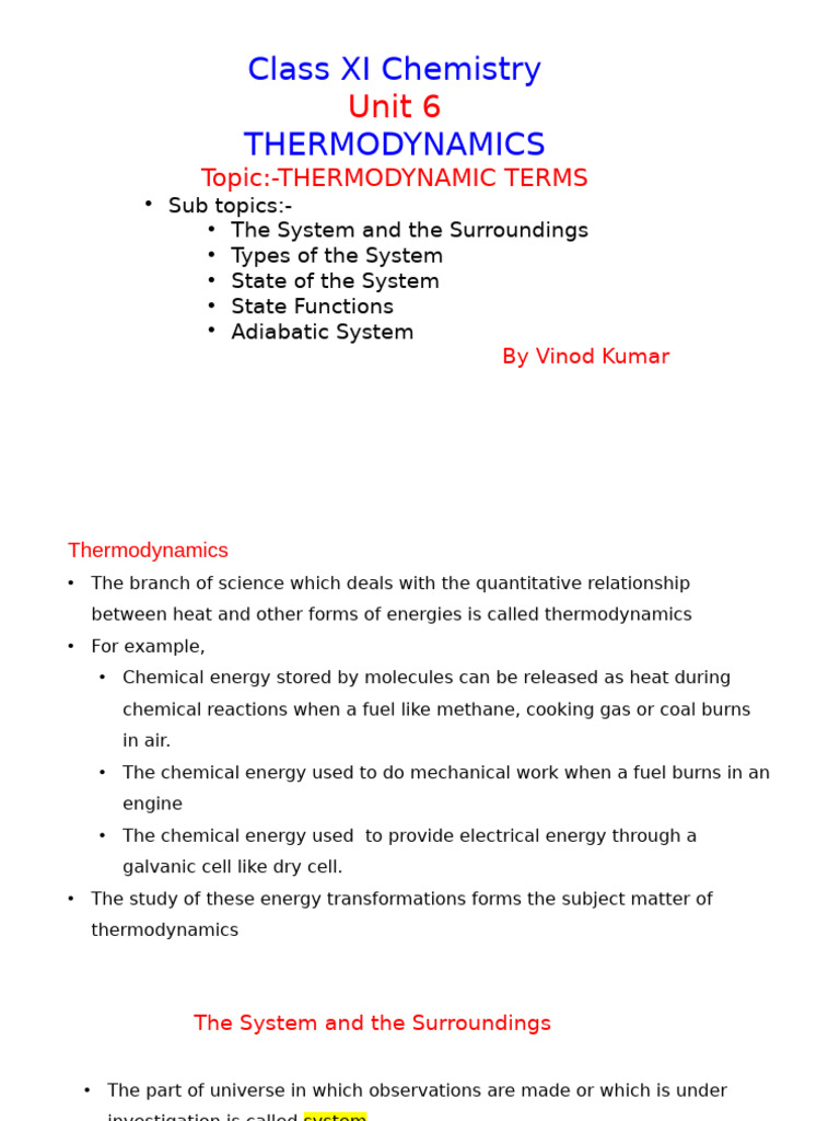 Thermodynamics Concepts for XI Chemistry | PDF | Entropy | Enthalpy