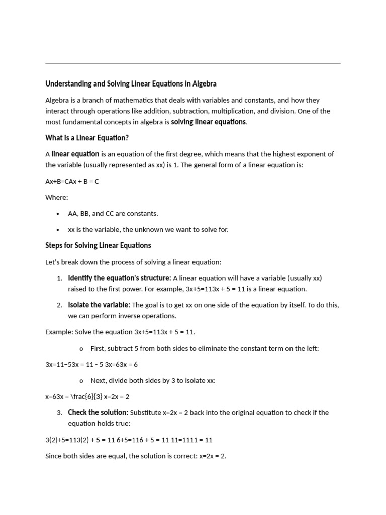 Solving Linear Equations in Algebra | PDF | Equations | Algebra