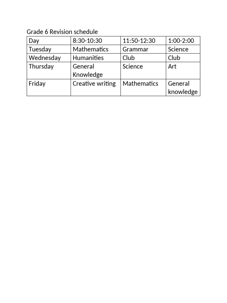 Grade 6 Revision Schedule Overview | PDF
