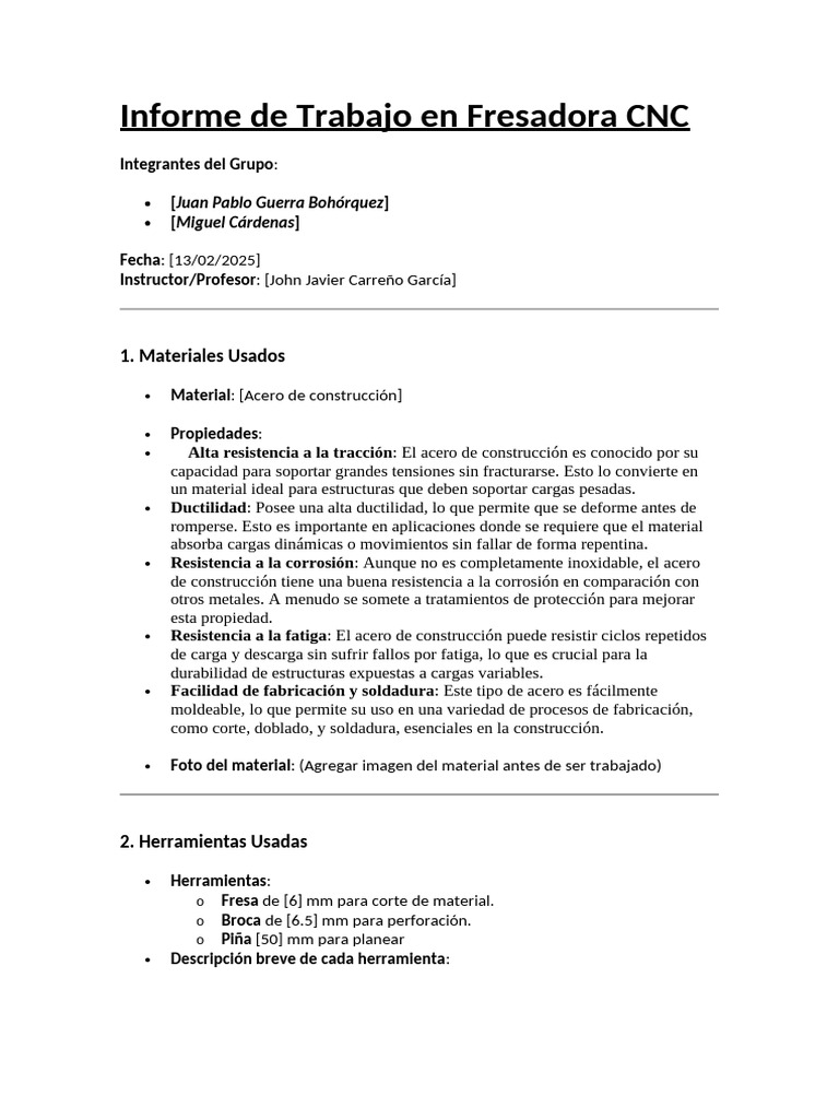 Informe de Trabajo en Fresadora CNC | PDF | Acero | Ingeniería mecánica