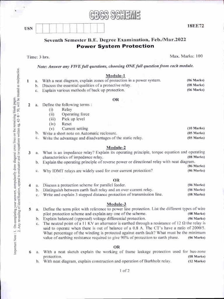VTU Exam Question Paper With Solution of 18EE72 Power System Protection ...
