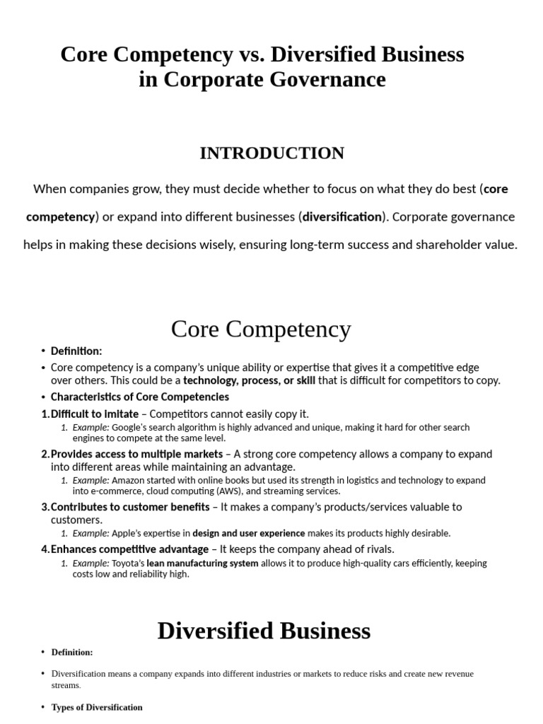 Core Competency vs. Diversification in Business | PDF | Multinational ...